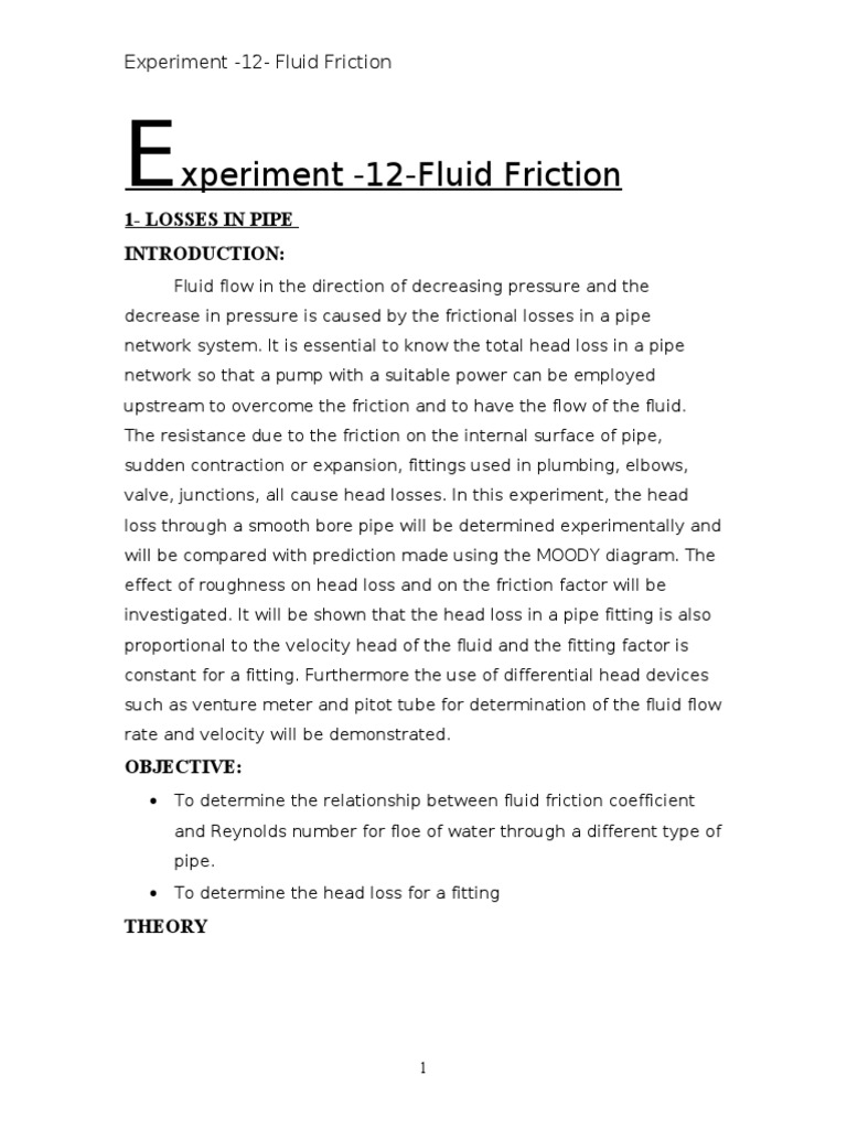 Experiment 12 Fluid Friction | PDF | Reynolds Number | Friction