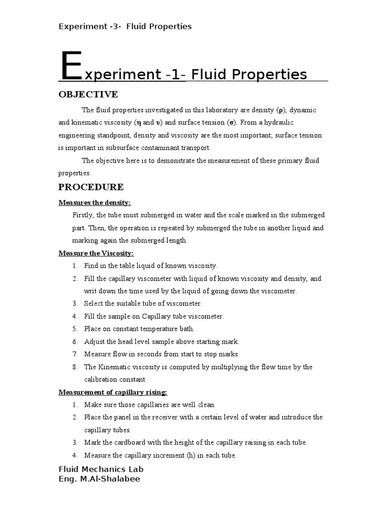 Experiment 1 Fluid Properties | PDF