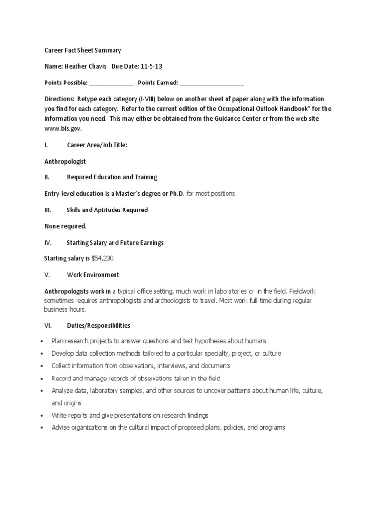 Career Fact Sheet Summary | PDF | Observation | Anthropology