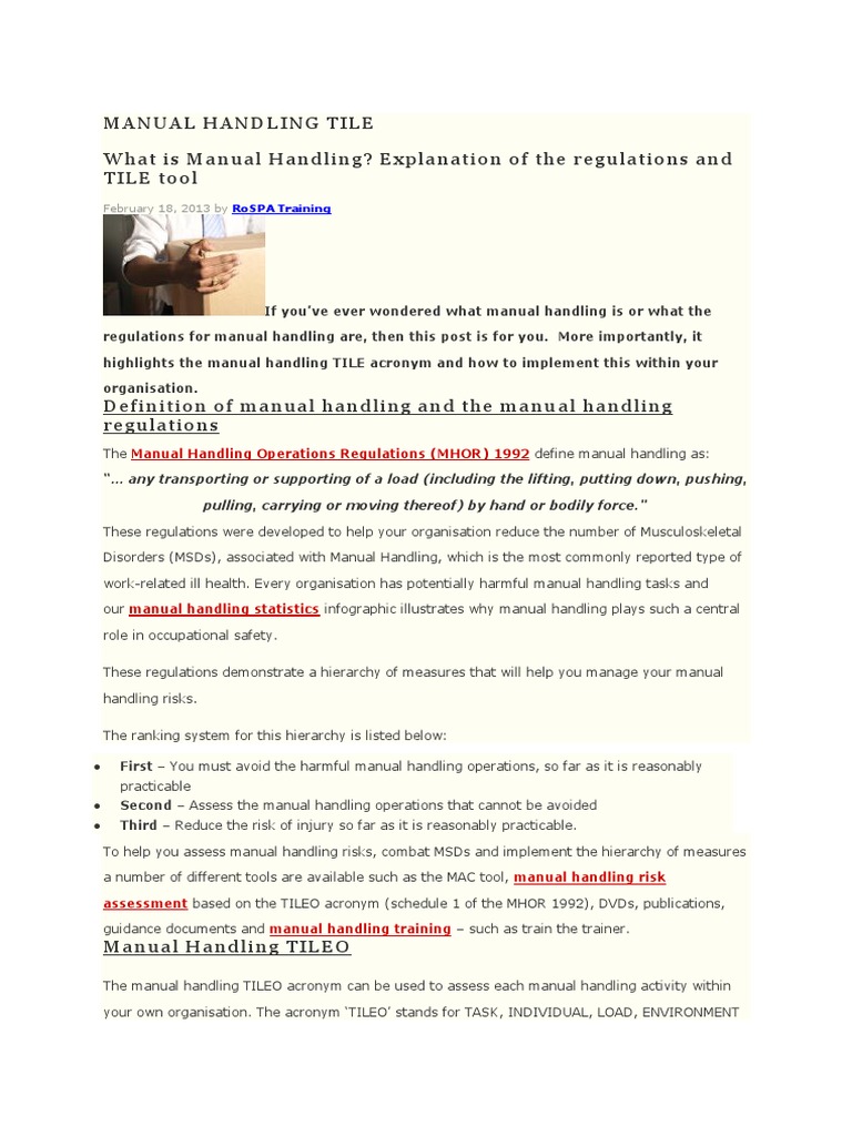 MANUAL HANDLING TILE: Understanding the Regulations and Assessment Tool ...