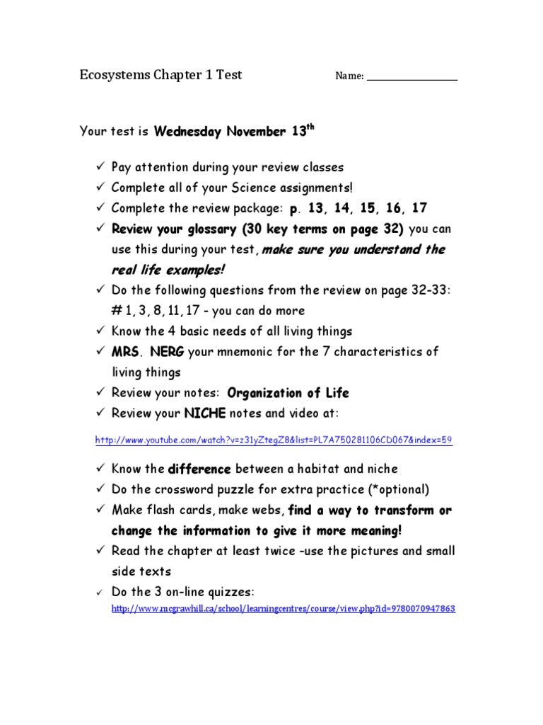 Ecosystems Chapter 1 Test Review Guide | PDF | Language Arts & Discipline