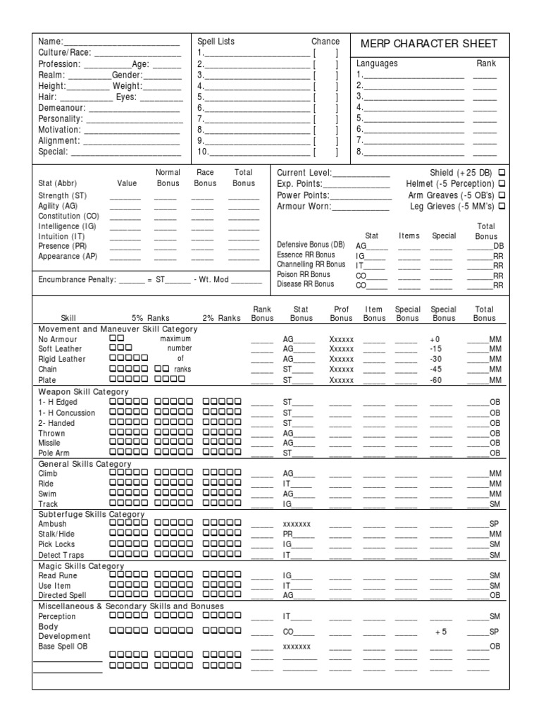 Merp Form Fillable Character Sheet - Printable Forms Free Online
