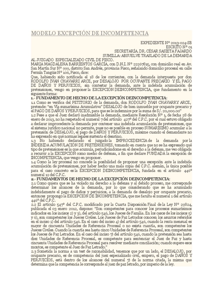 MODELO EXCEPCIÓN DE INCOMPETENCIA | Demanda judicial | Juez