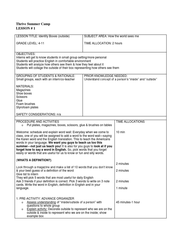 Thrive Summer Camp Lesson # 1 | PDF | English Language