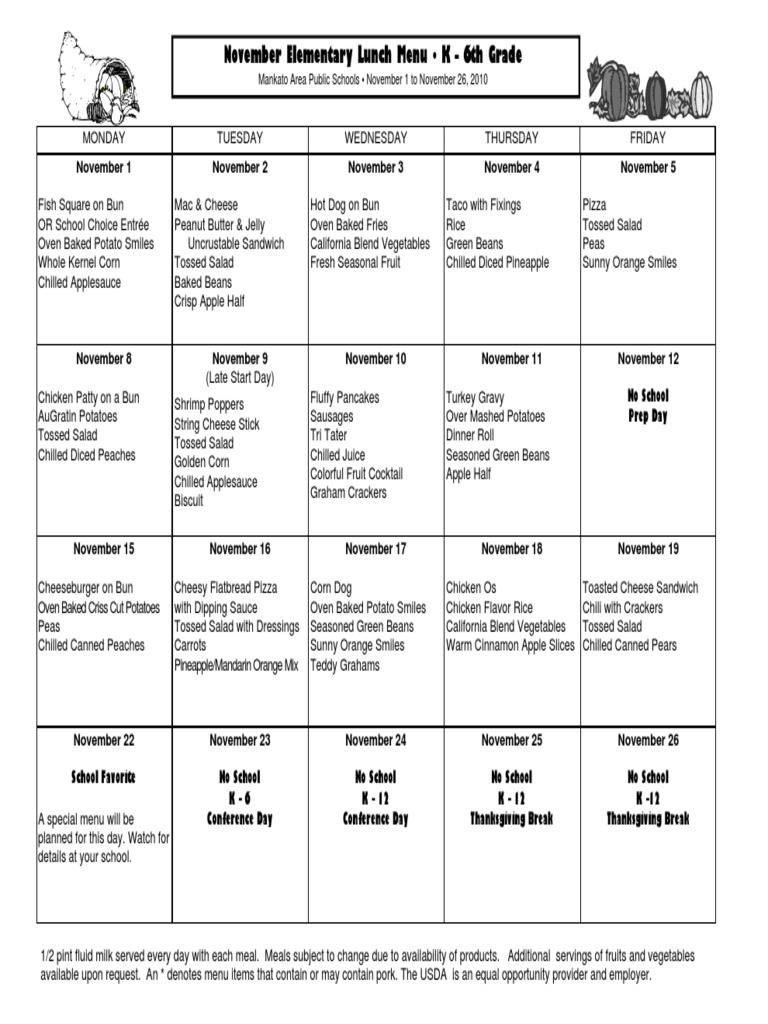 November Lunch Menu K-6 2023 | PDF | Cooking, Food & Wine