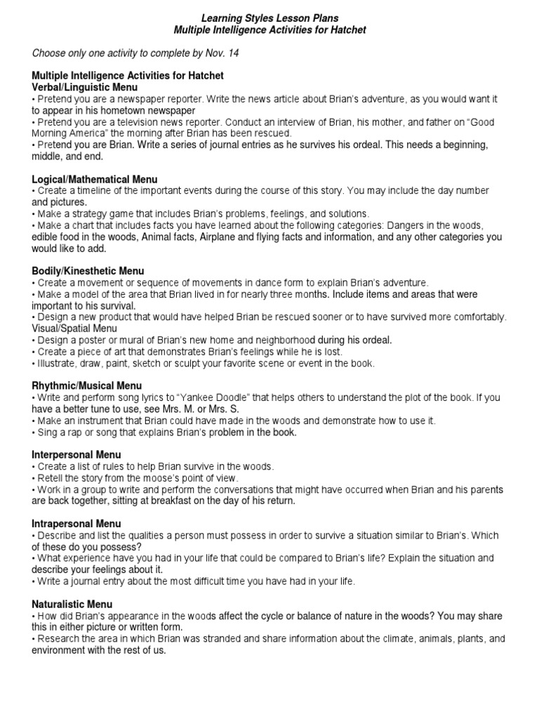 Learning Styles Hatchet Activity | PDF | Educational Psychology ...