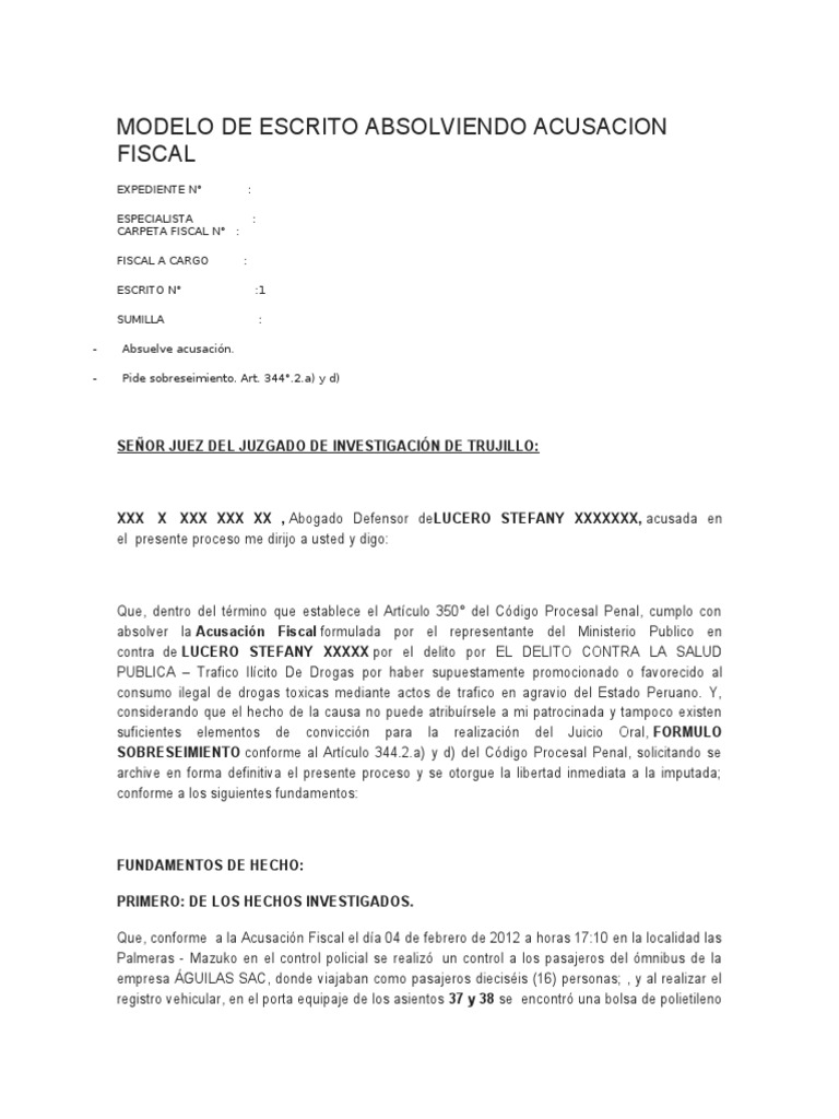 Modelo de Escrito Absolviendo Acusacion Fiscal | PDF | Ciencias sociales Modelo de Escrito Absolviendo Acusacion Fiscal | PDF | Ciencias sociales
