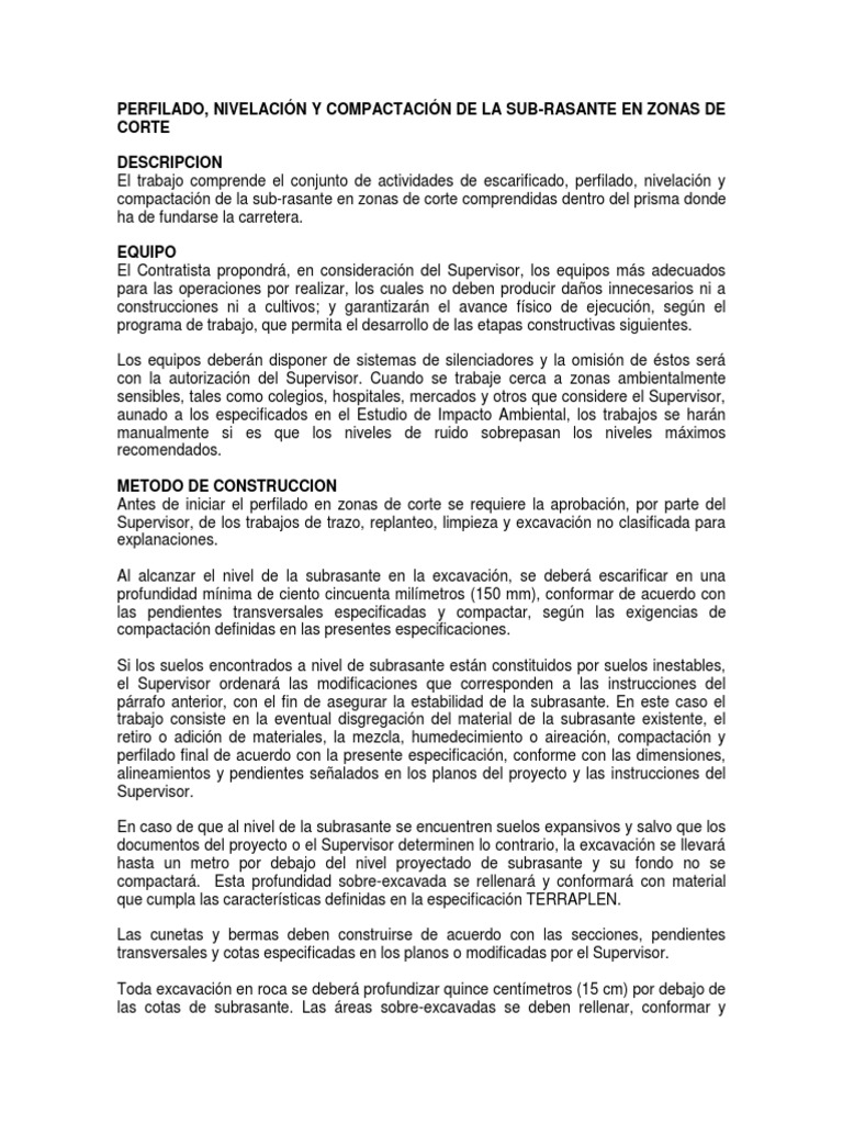 Especificaciones Tecnicas de PERFILADO, NIVELACIÓN Y COMPACTACIÓN DE LA ...
