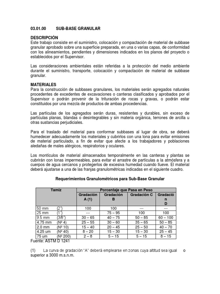 Especificaciones Tecnicas de SUB-BASE GRANULAR | PDF | Densidad | Partículas