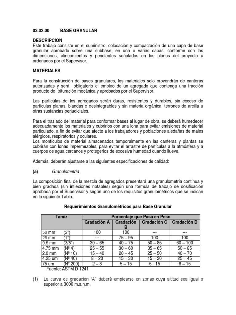 Especificaciones Tecnicas de BASE GRANULAR | PDF | Partículas | Densidad