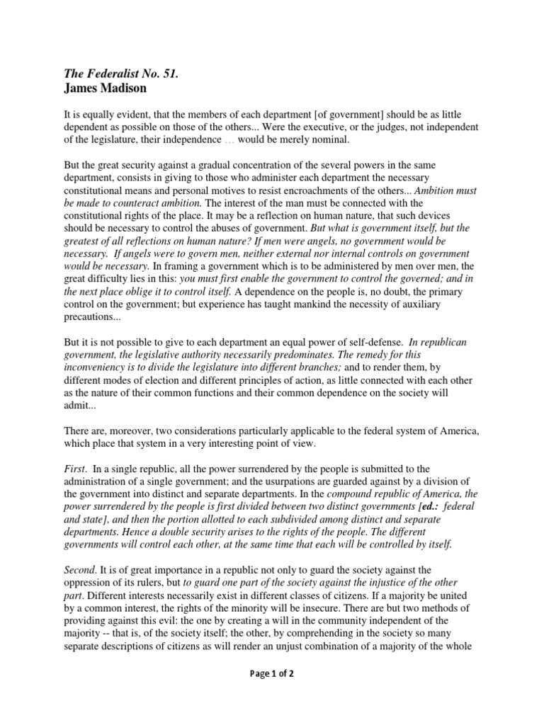 The Federalist No.51 | PDF | Federalism | Government Information