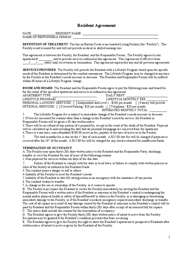 Resident Agreement | Fee | Emergency