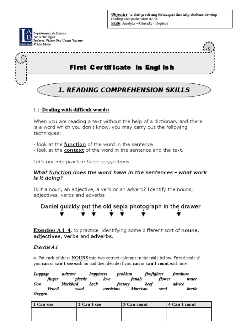 Reading Comprehension Skills (First Certificate) | PDF | Adjective | Adverb