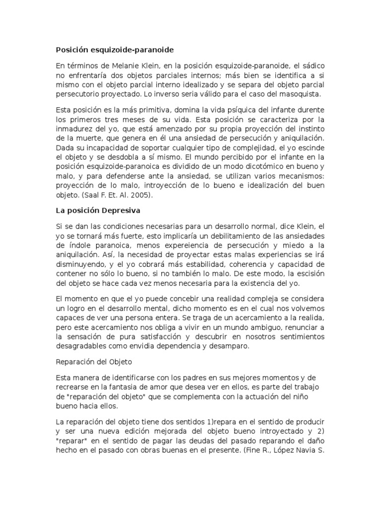 Posiciones Melanie Klein | PDF | Conceptos psicologicos | Ciencias del comportamiento