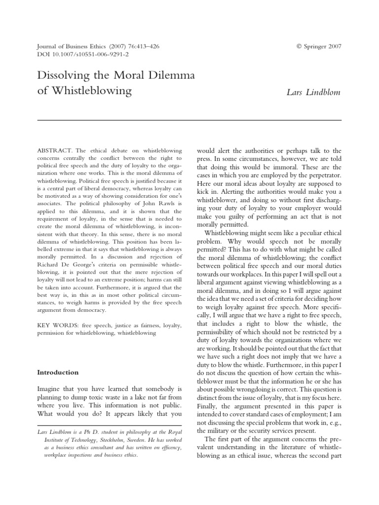 Dissolving The Moral Dilemma of Whistleblowing | PDF | Loyalty | John Rawls