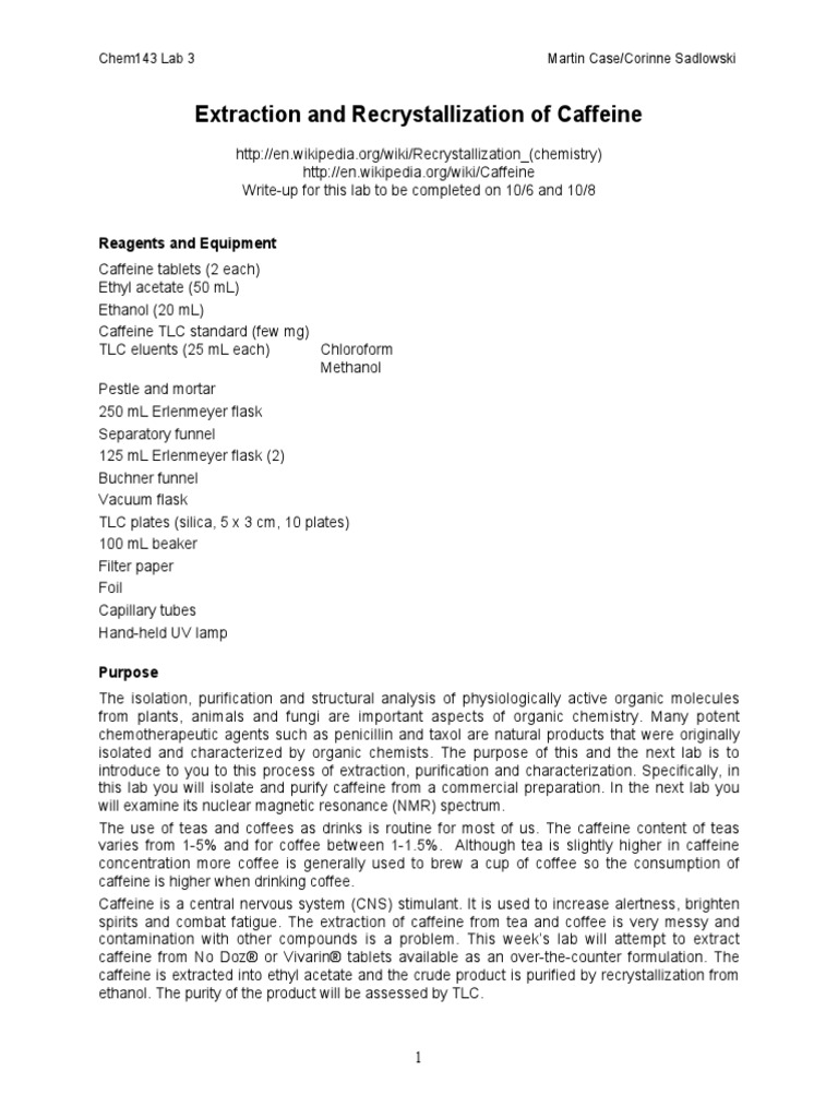 Extraction and Recrystallization of Caffeine | PDF | Thin Layer ...