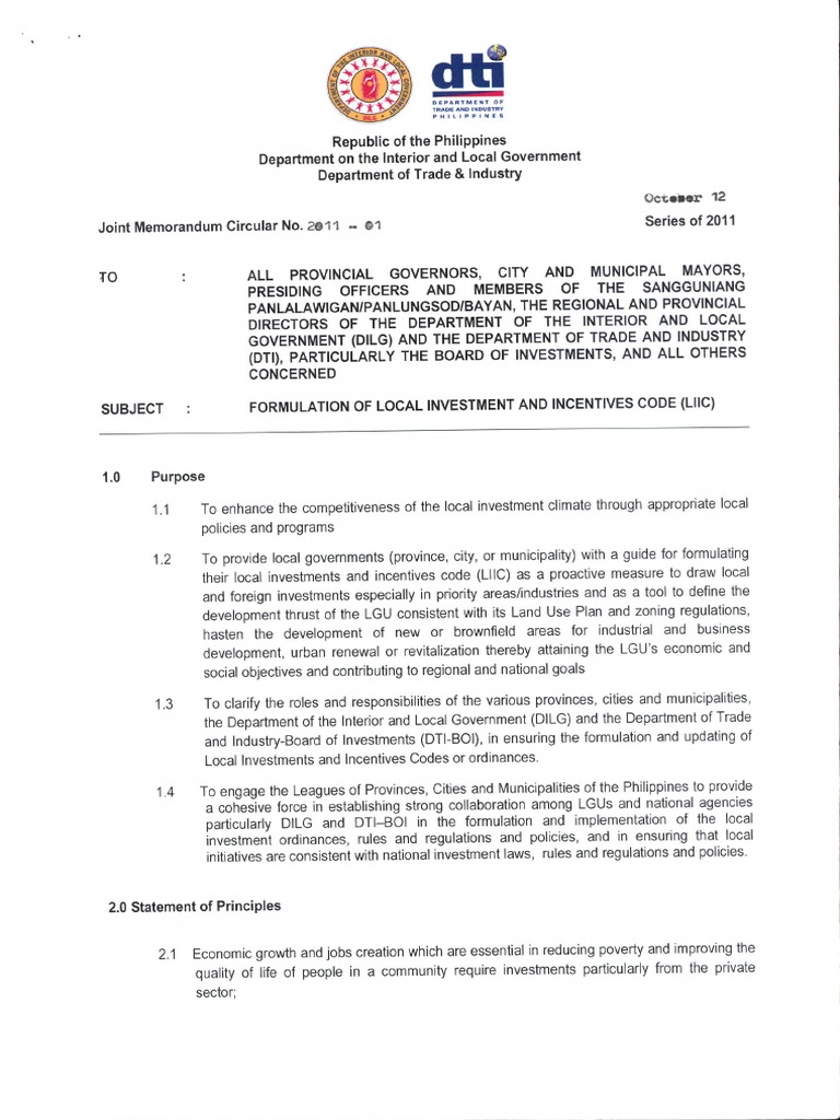 DILG DTI JMC 2011-01 Formulation of Local Investment & Incentives Code ...