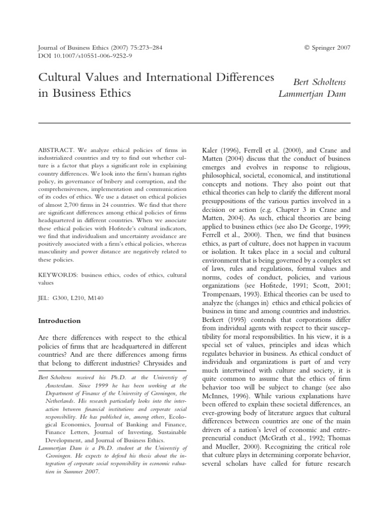 Cultural Values and International Differences in Business Ethics PDF ...