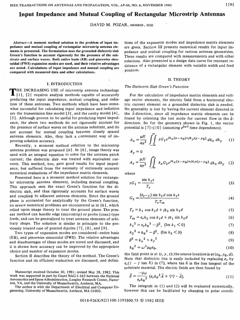 David M.Pozar-Input Impedance and Mutual Coupling of Rectangular Microstrip Antennas PDF | PDF ...