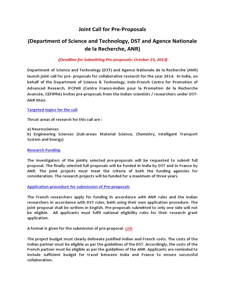 DST ANR Joint Call For Pre Proposals PDF | PDF | France | Science