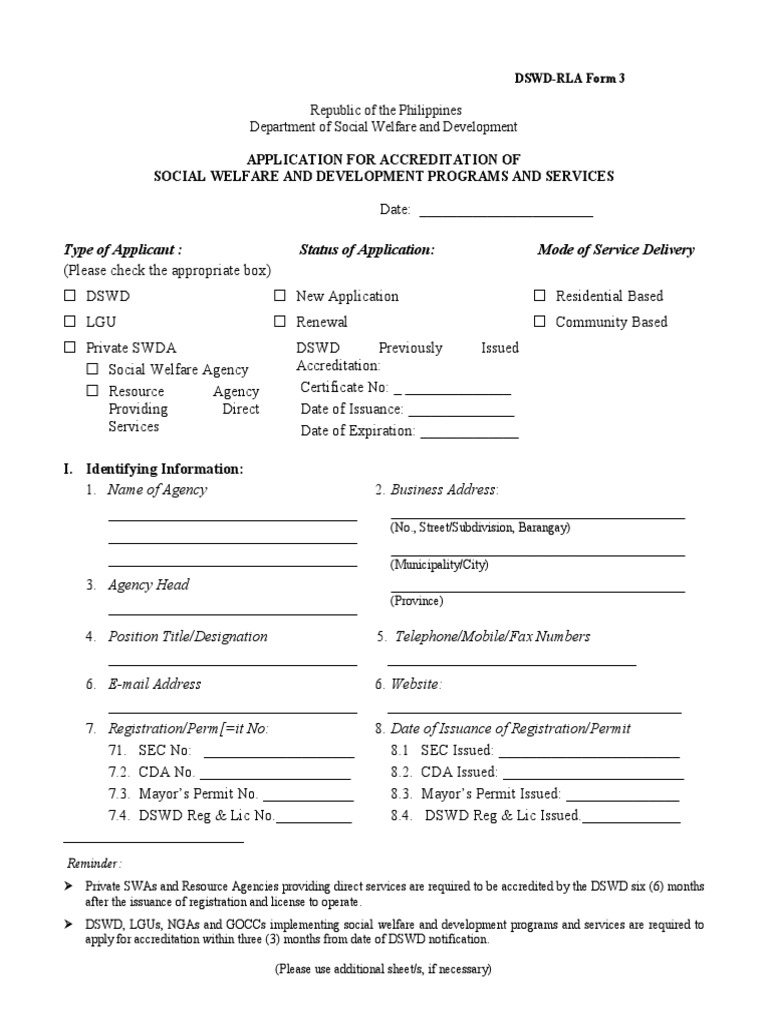 Dswd-Rla Form 3 - Application Form For Accreditation | PDF | Government | Business