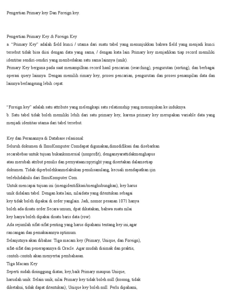 Pengertian Primary Key Dan Foreign Key | PDF