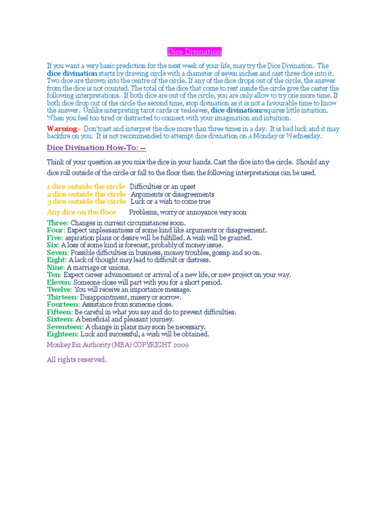 Dice Divination and Interpretations | PDF | Divination | Luck