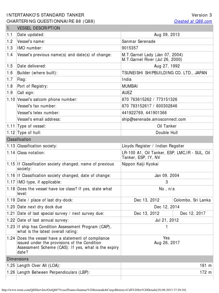 Sanmar Serenade Vessel Details | PDF | Tonnage | Ships