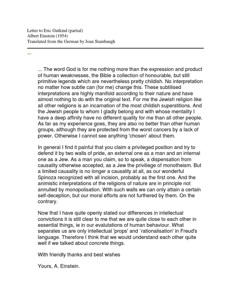 Letter To Eric Gutkind (Partial) Albert Einstein (1954) Translated From ...
