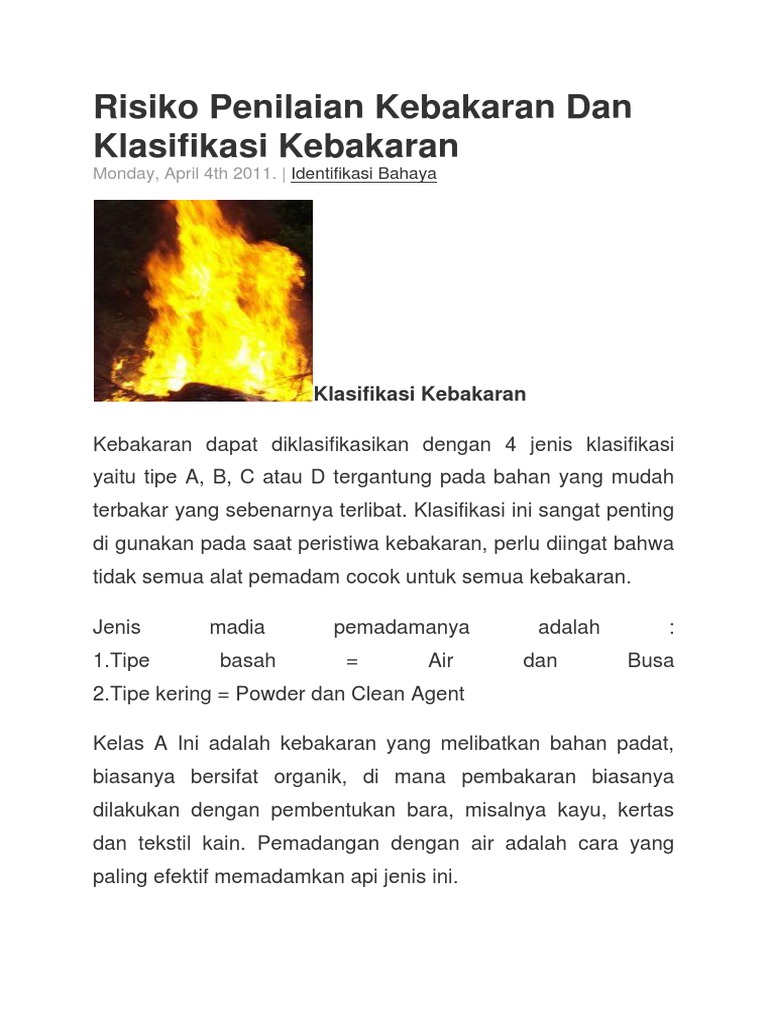 KLASIFIKASI JENIS KEBAKARAN DAN METODE PEMADAMANNYA | PDF
