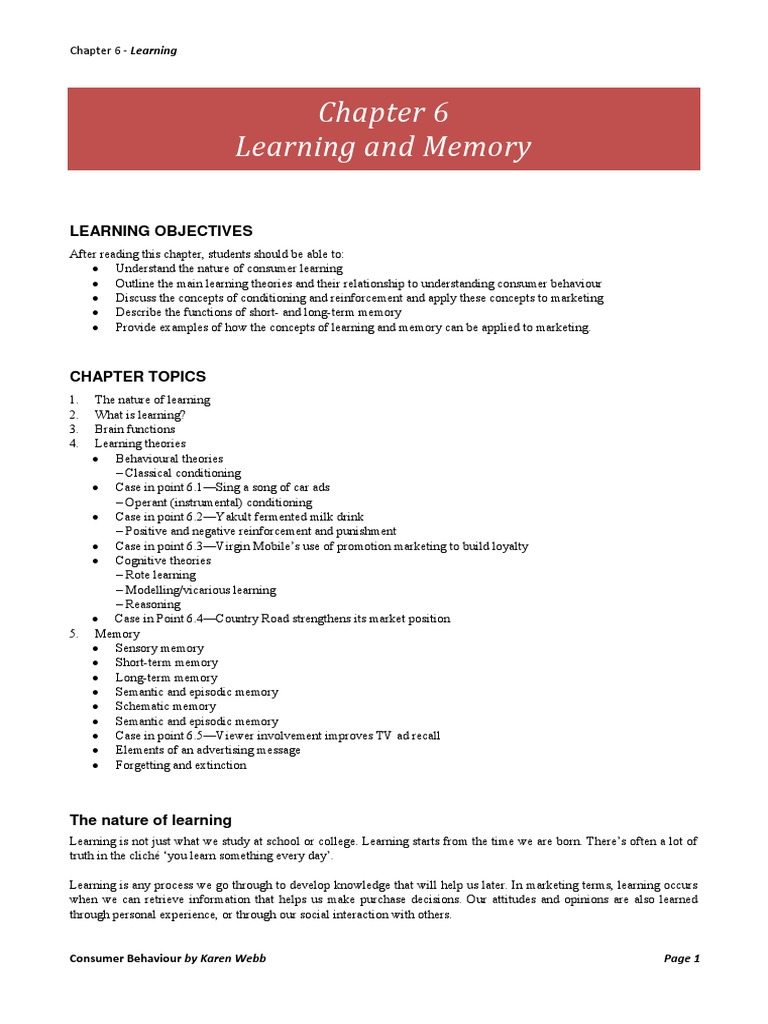 Chapter 5, Learning Memories | PDF | Memory | Classical Conditioning