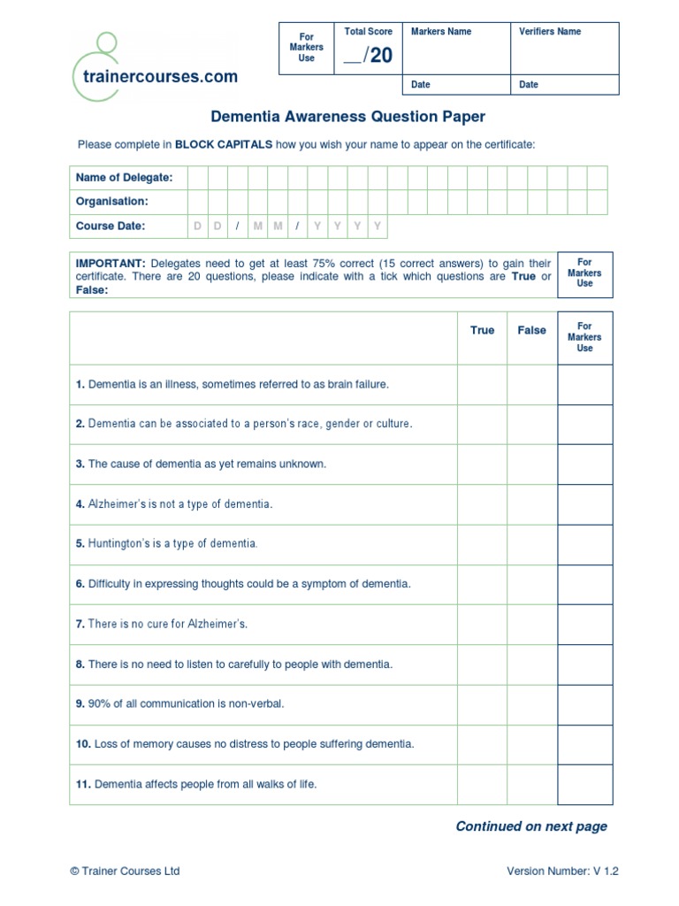 Dementia Question Paper V 1.2 | PDF