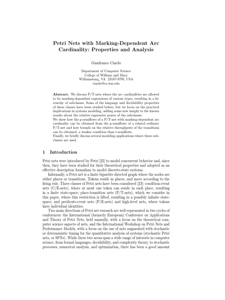 Petri Nets With Marking-Dependent Arc Cardinality: Properties and Analysis | PDF | Theoretical ...