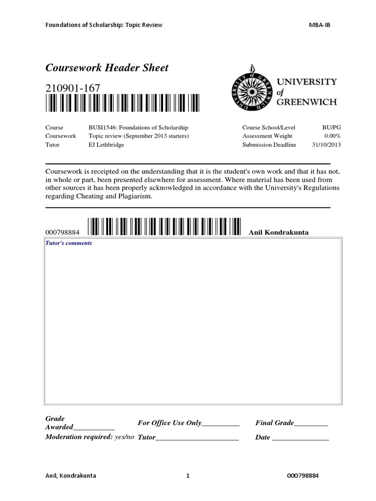 Coursework Header Sheet: Foundations of Scholarship: Topic Review Mba ...