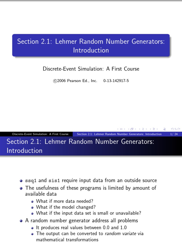Section 2.1: Lehmer Random Number Generators:: Discrete-Event Simulation: A First Course | PDF ...