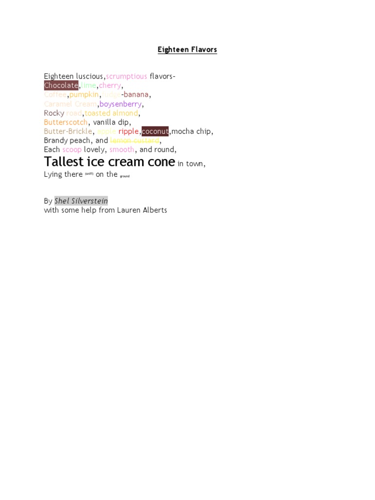 Eighteen Ice Cream Flavors Poem | PDF