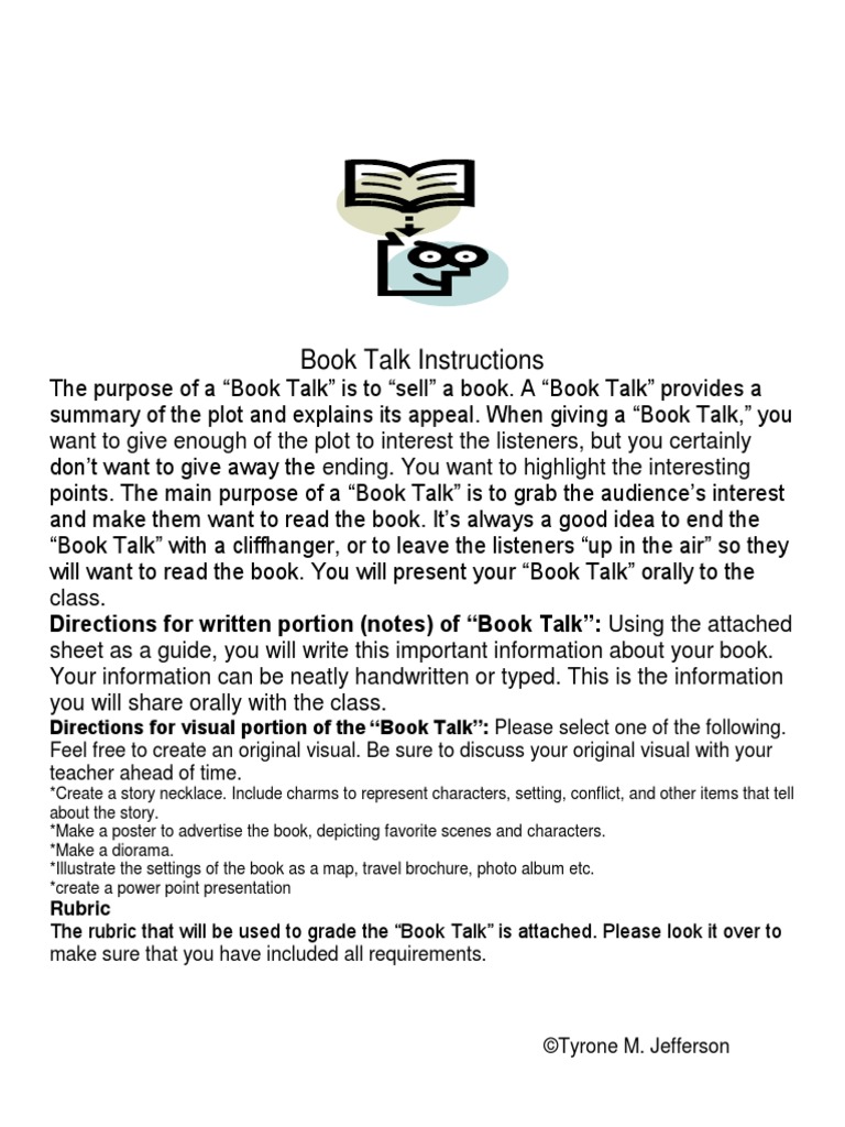 Book Talk Instructions: Directions For Written Portion (Notes) of "Book ...