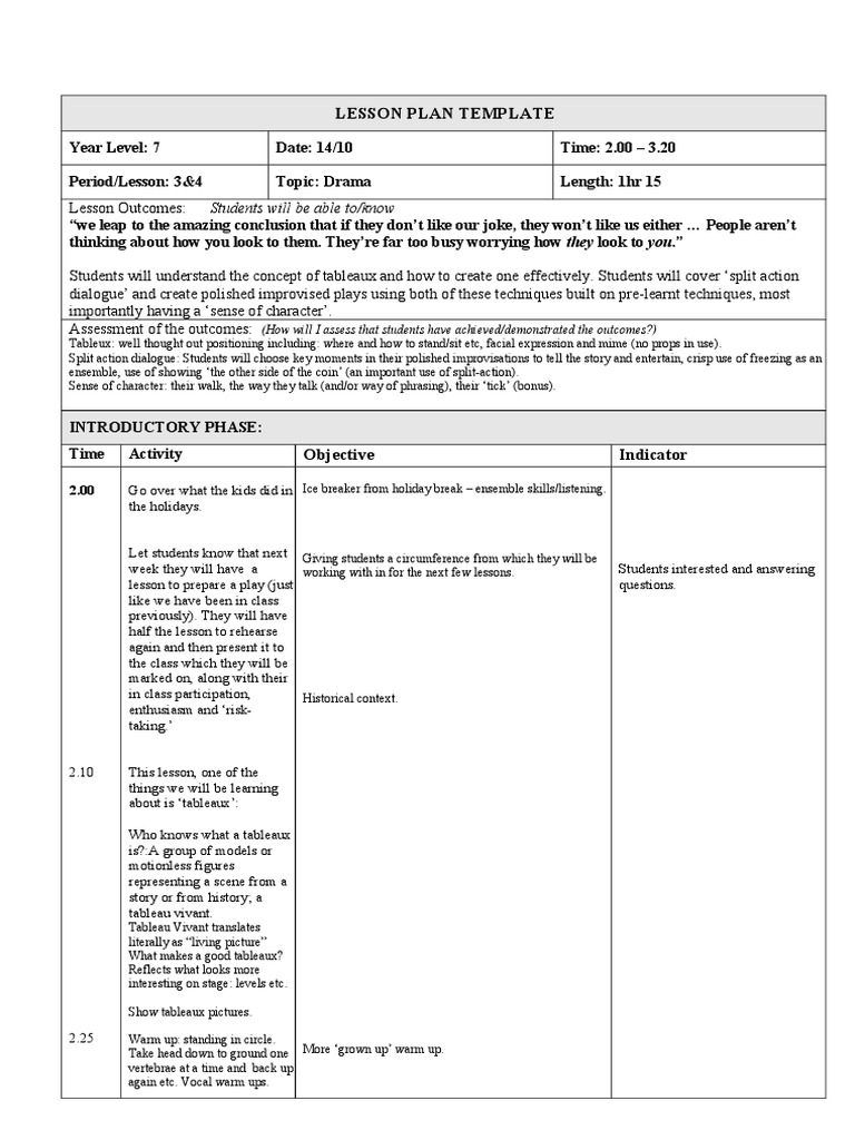 Year 7 Drama Lesson Plan: Tableaux Techniques | PDF | Performing Arts ...