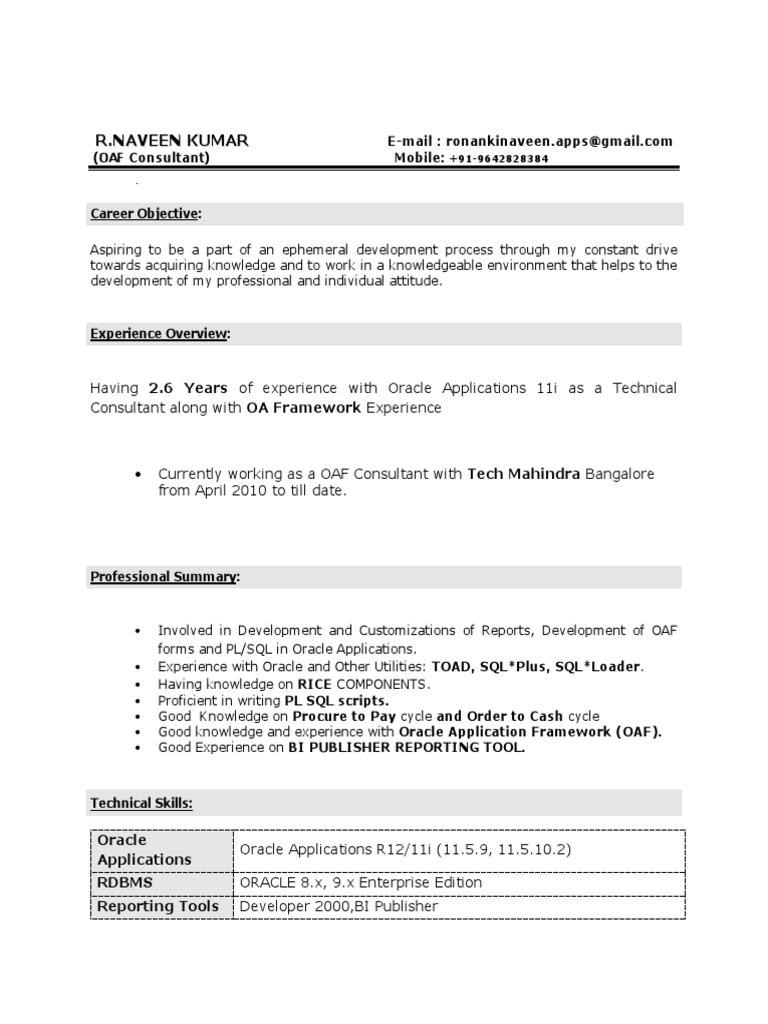 Naveen Oaf Resume Pdf Oracle Database Oracle Corporation