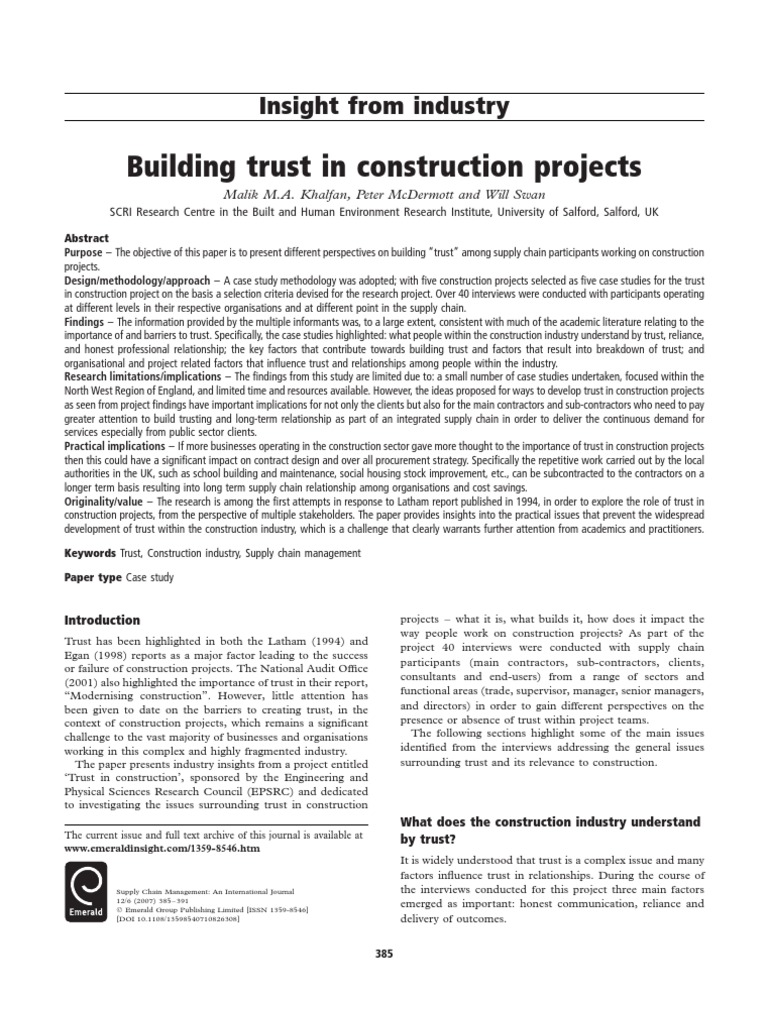 Building Trusts in Construction Projects | PDF | Reputation | Supply Chain