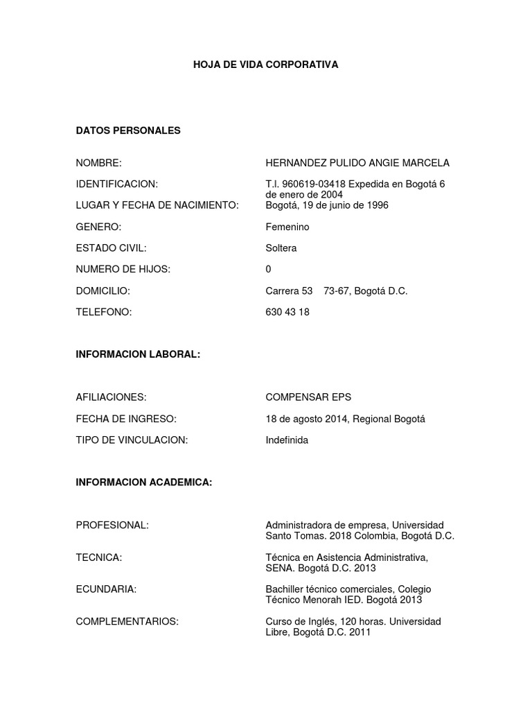 Hoja de Vida Corporativa | PDF