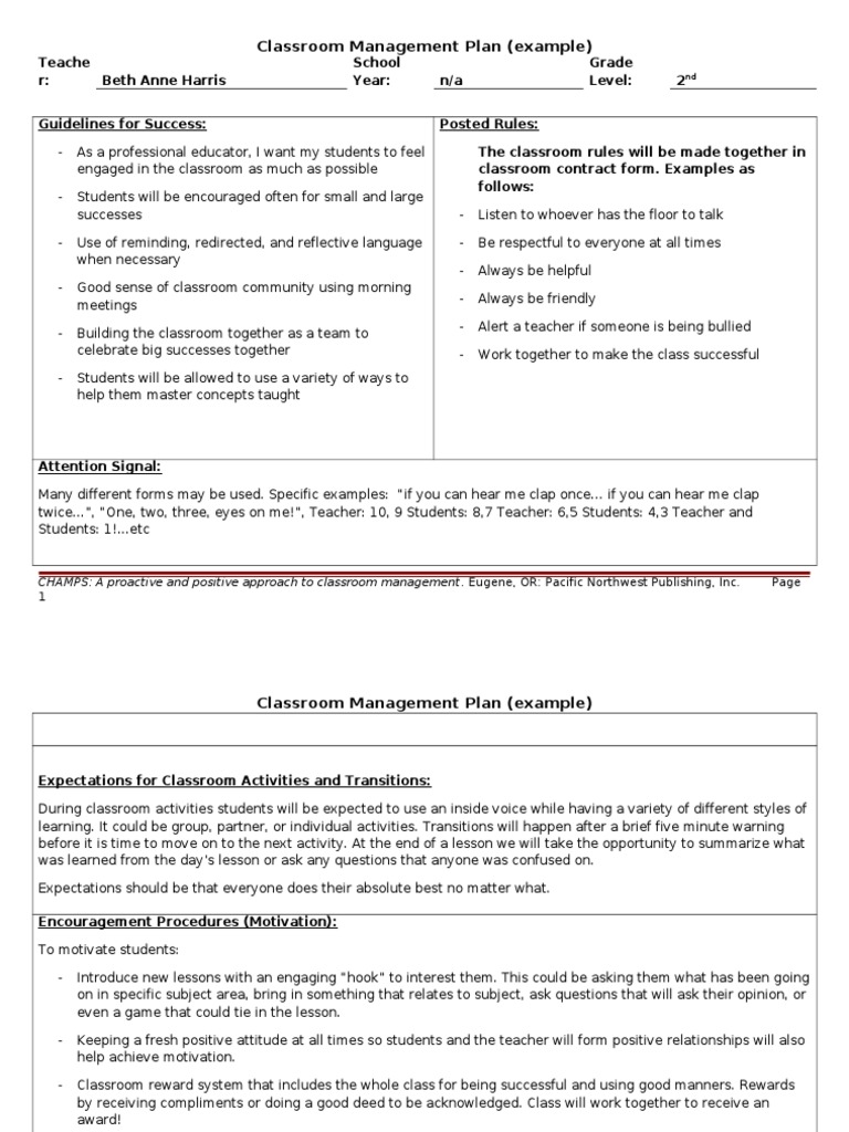 Classroom Management Plan - Example-Beth Anne Harris | PDF | Classroom ...
