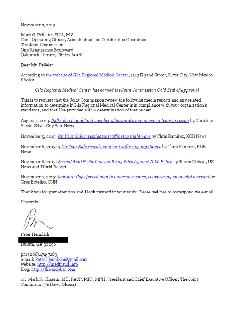 My 11/7/13 Letter To The Joint Commission Re: Gila Regional Medical ...