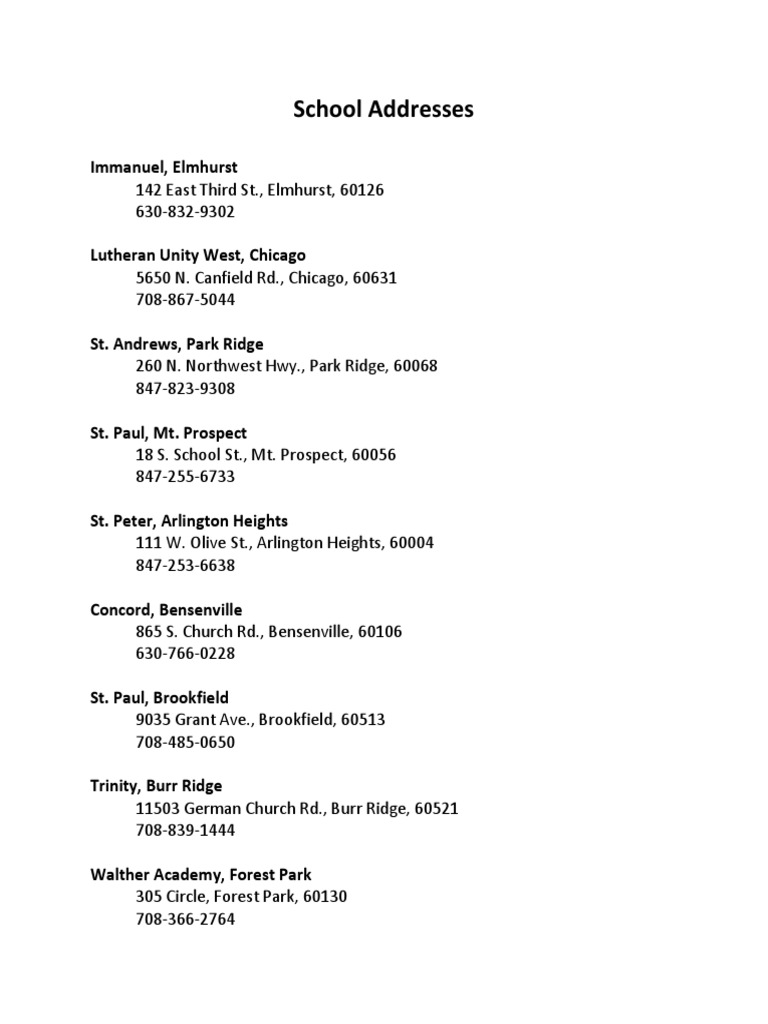 Chicago Area School Addresses List | PDF