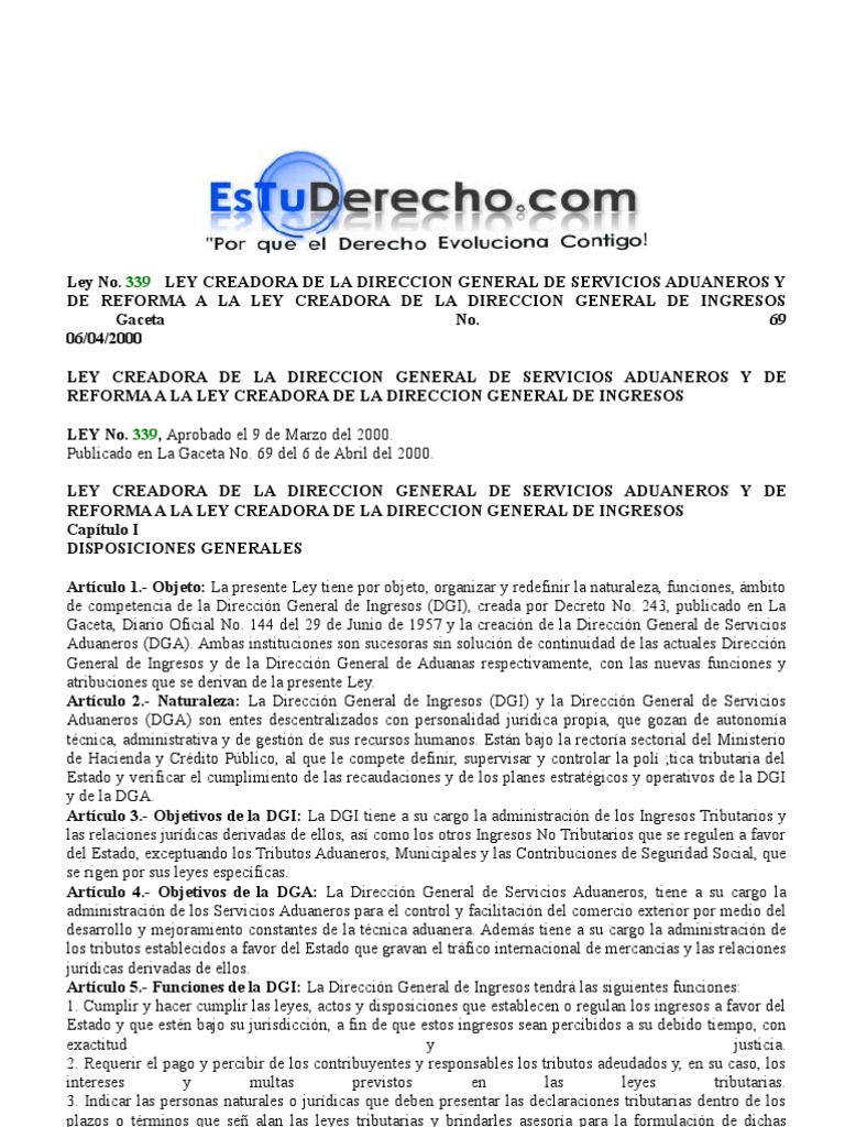 Ley 339 - Ley Creadora de Los Servicios Aduaneros | PDF | aduana | Presupuesto