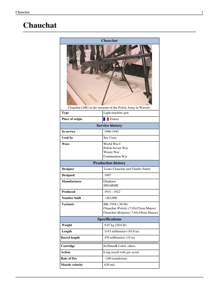 Chauchat Light Machine Gun Overview | PDF | Military | Military Technology