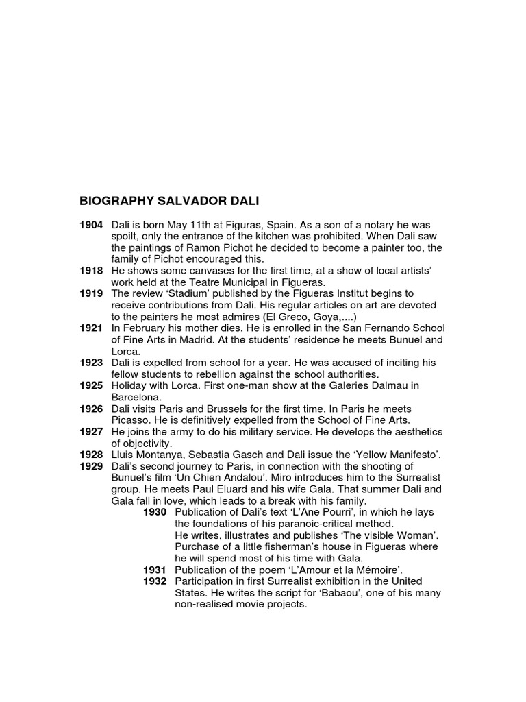 Biography of Salvador Dali PDF | PDF | Salvador Dalí | Surrealism