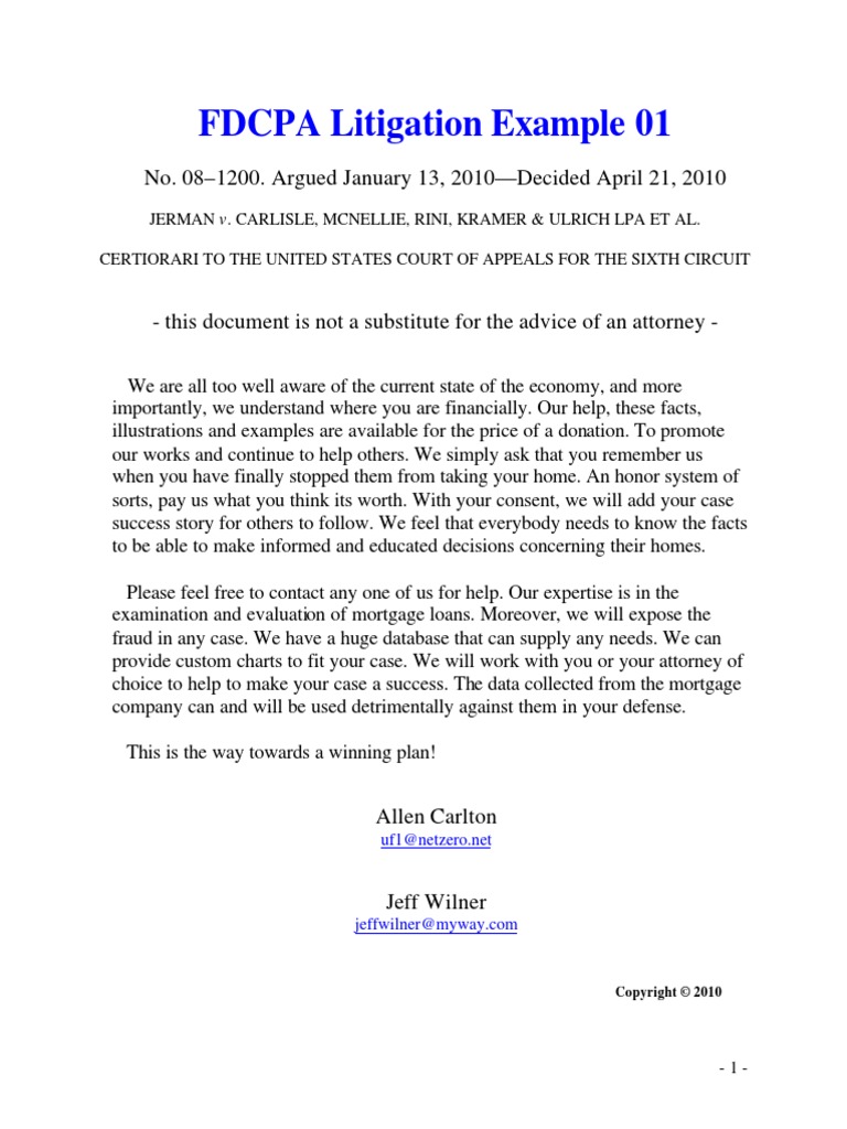 FDCPA Litigation Example 01 PDF | PDF | Precedent | Judiciaries
