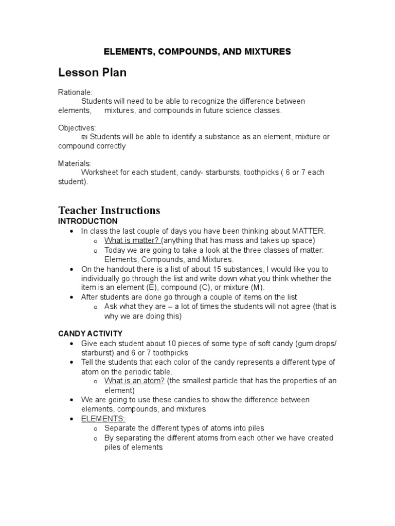 Elements, Compounds, Mix (1) Candy ActivityALPS | PDF | Chemical ...