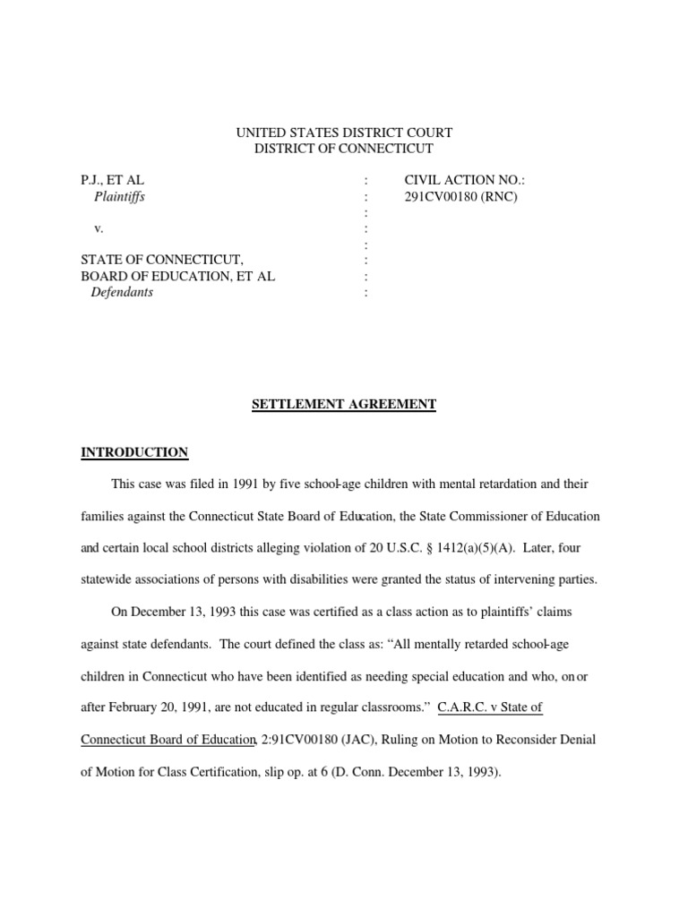 Connecticut Special Education Settlement Agreement | PDF | Settlement ...